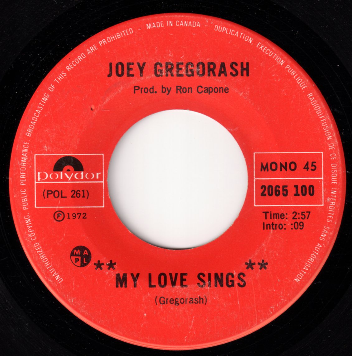 My Love Sings by Joey Gregorash - 1972 Hit Song - Vancouver Pop Music ...